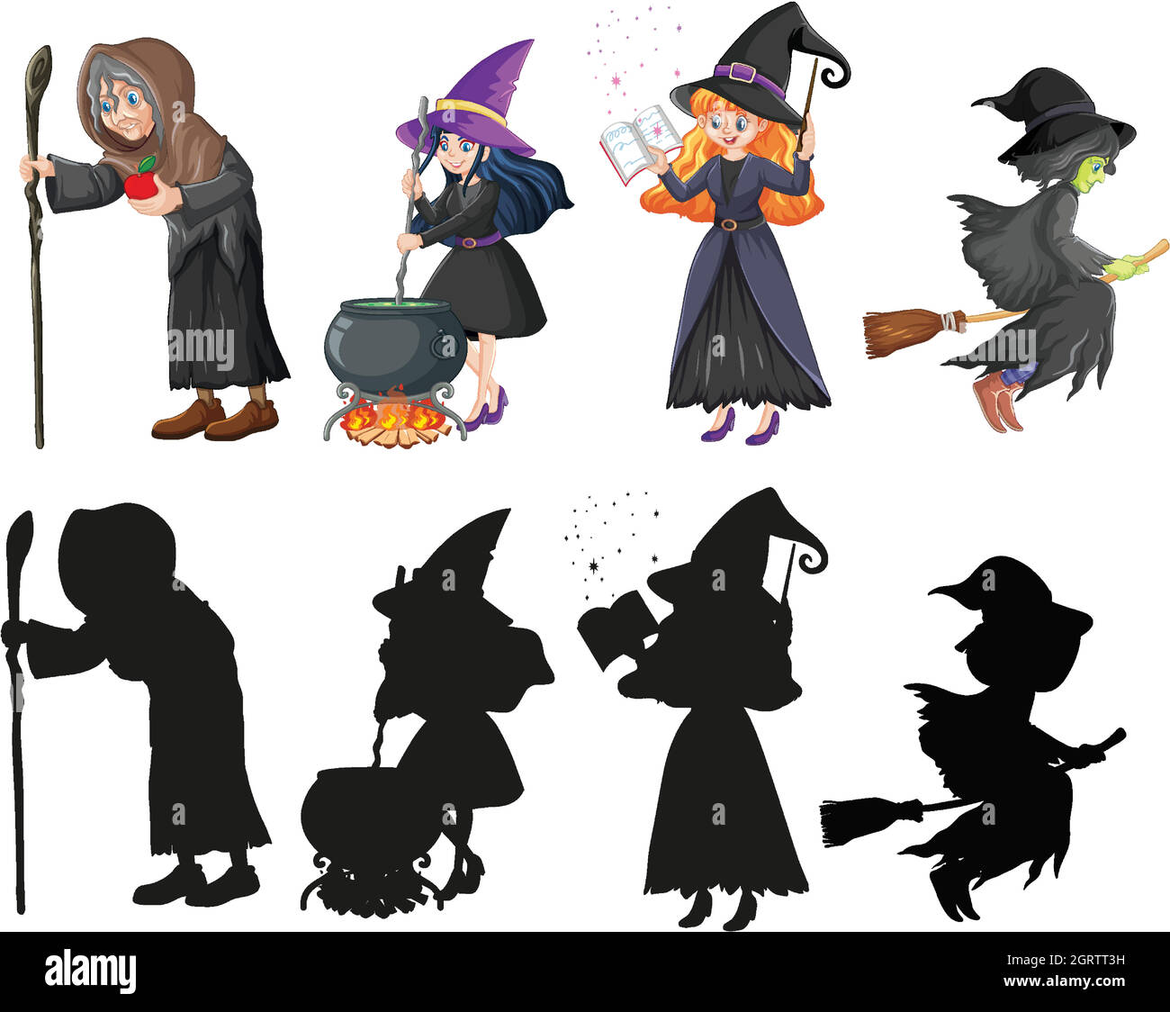 Wizard or witches in color and silhouette cartoon character isolated on ...