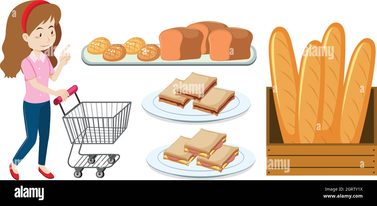 Woman with shopping cart and bread Stock Vector Image & Art - Alamy