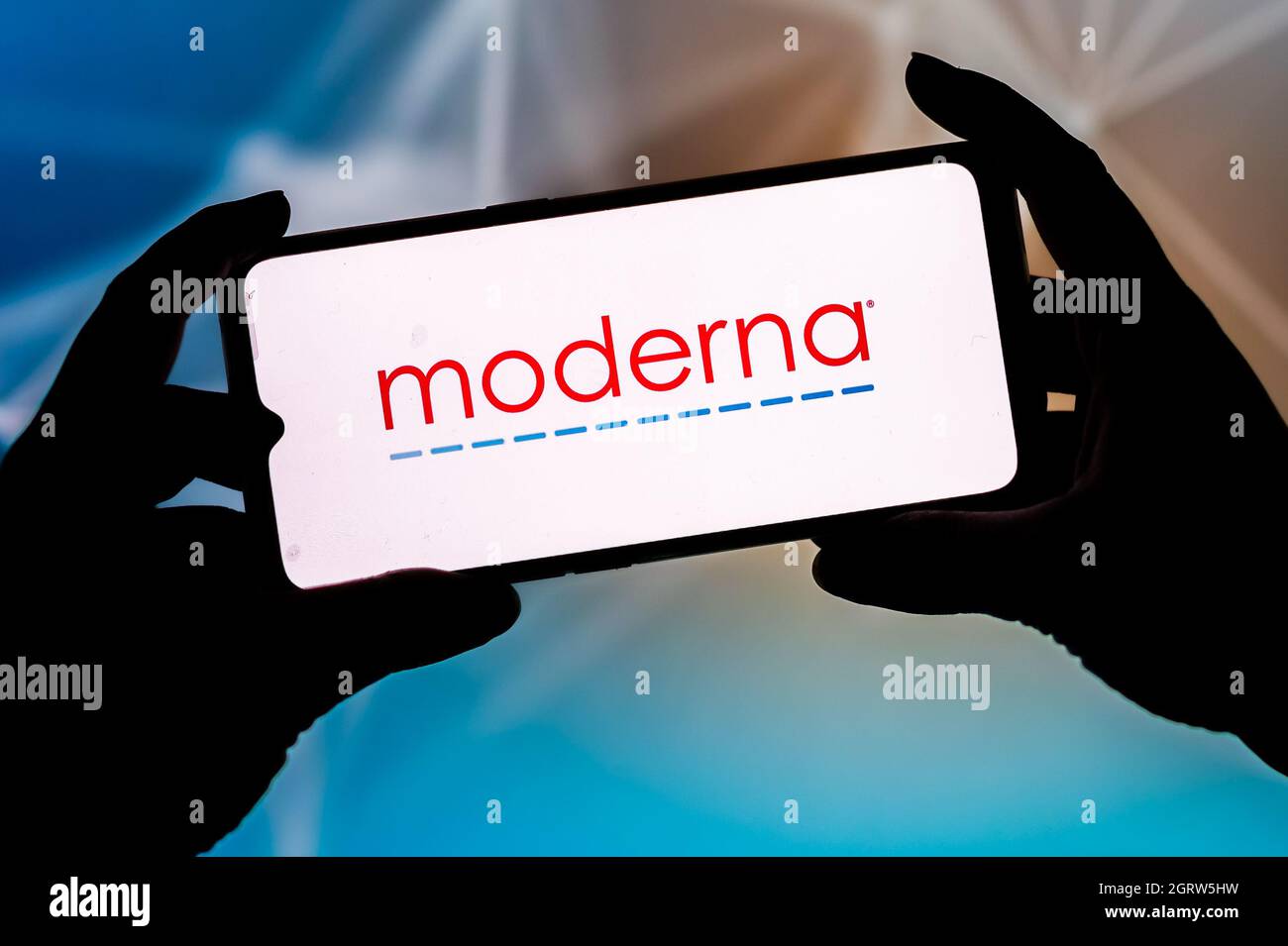 Poland. 23rd Sep, 2021. In this photo illustration a Moderna logo seen ...