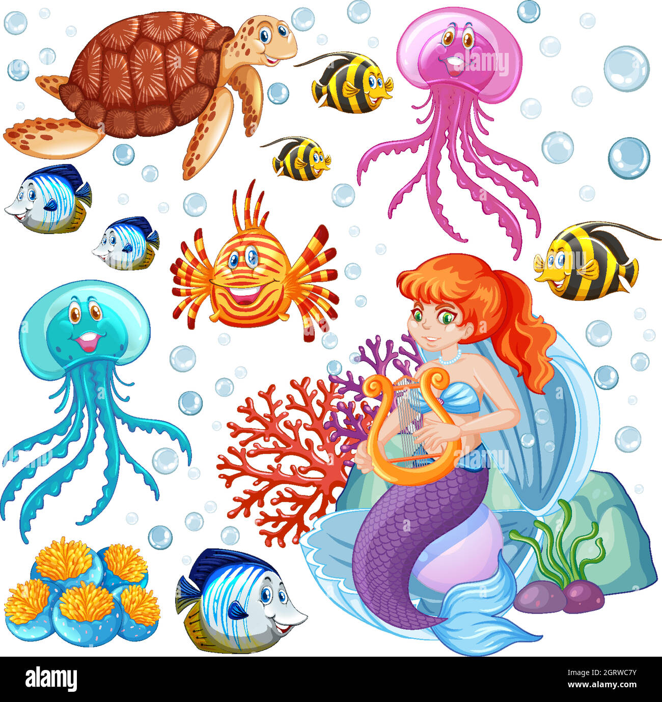 Set of sea animals and mermaid cartoon style on white background Stock ...