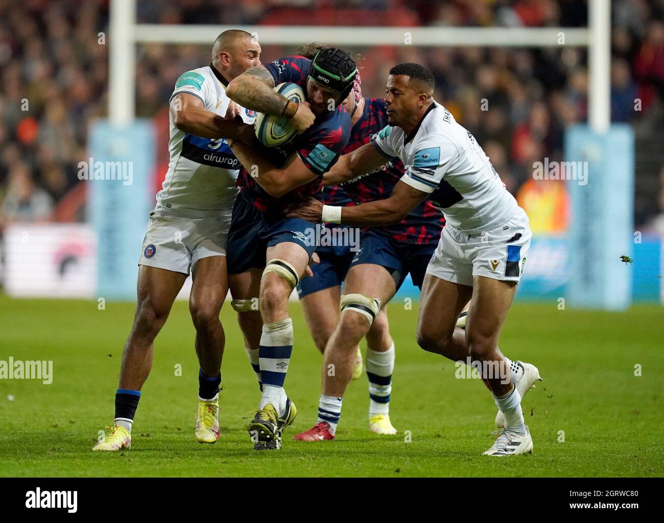 Bristol Bears’ Jake Heenan is tackled by Bath Rugby’s Jonathan Joseph ...