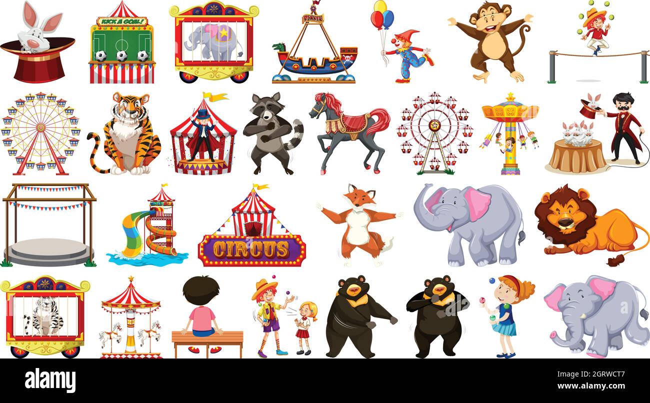 Huge circus collection with mixed animals, people, clowns and rides ...
