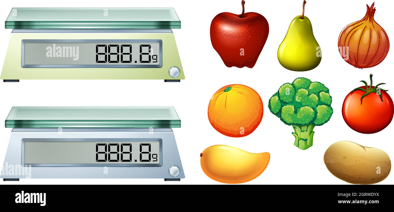 Fresh fruits and measuring scales Stock Vector Image & Art - Alamy