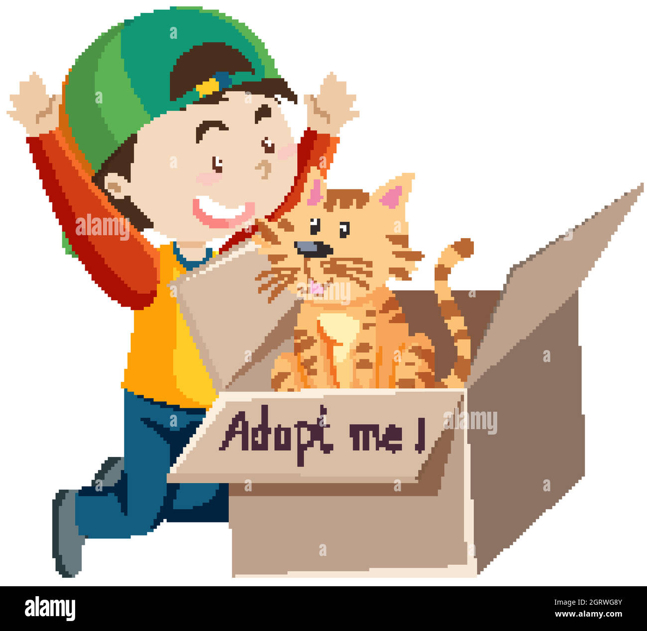 A happy boy wearing cap with cute cat in a box cartoon isolated Stock ...