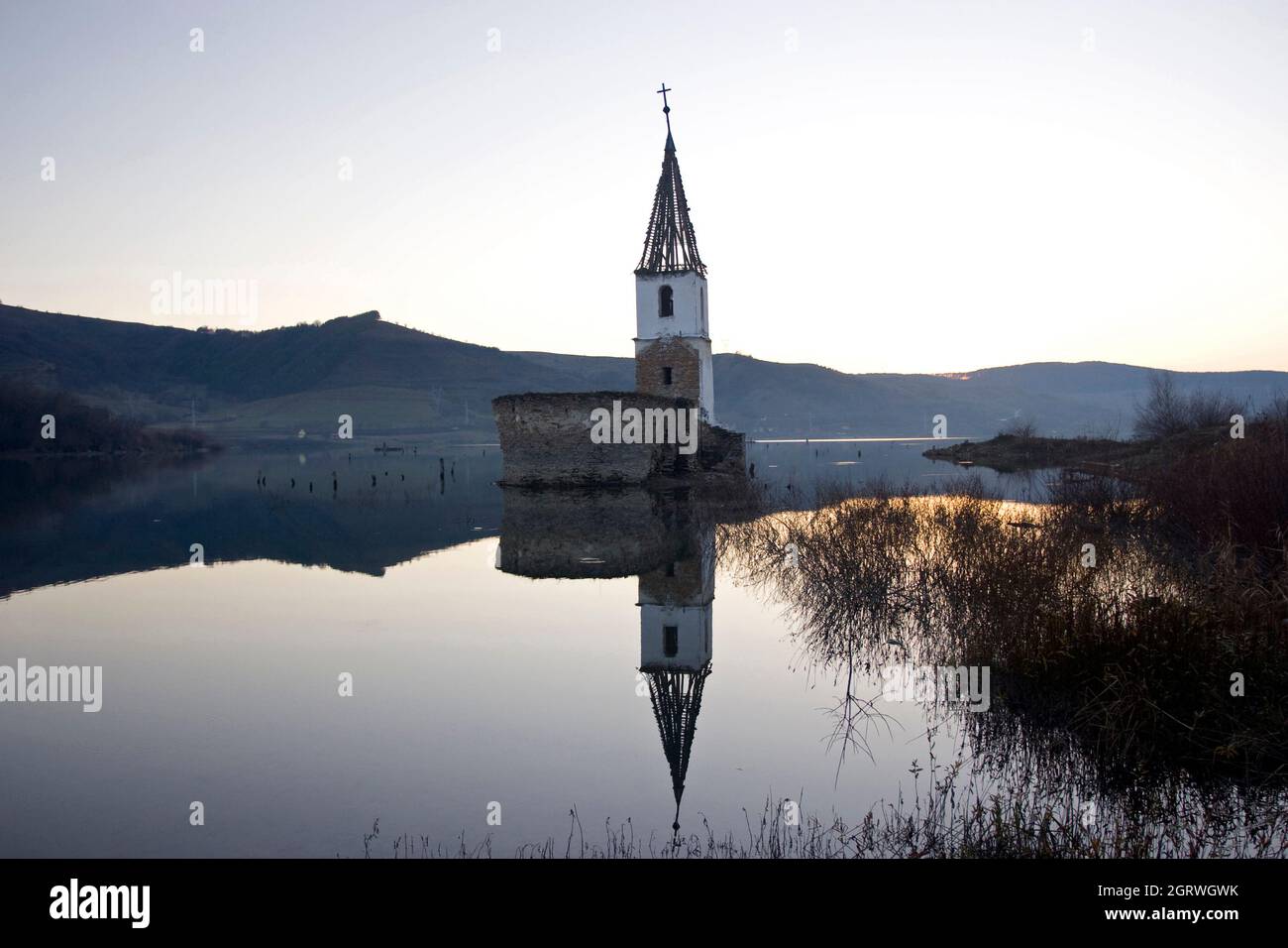 The ruins of a catholic church on the surface of Lake Bezid, the ...