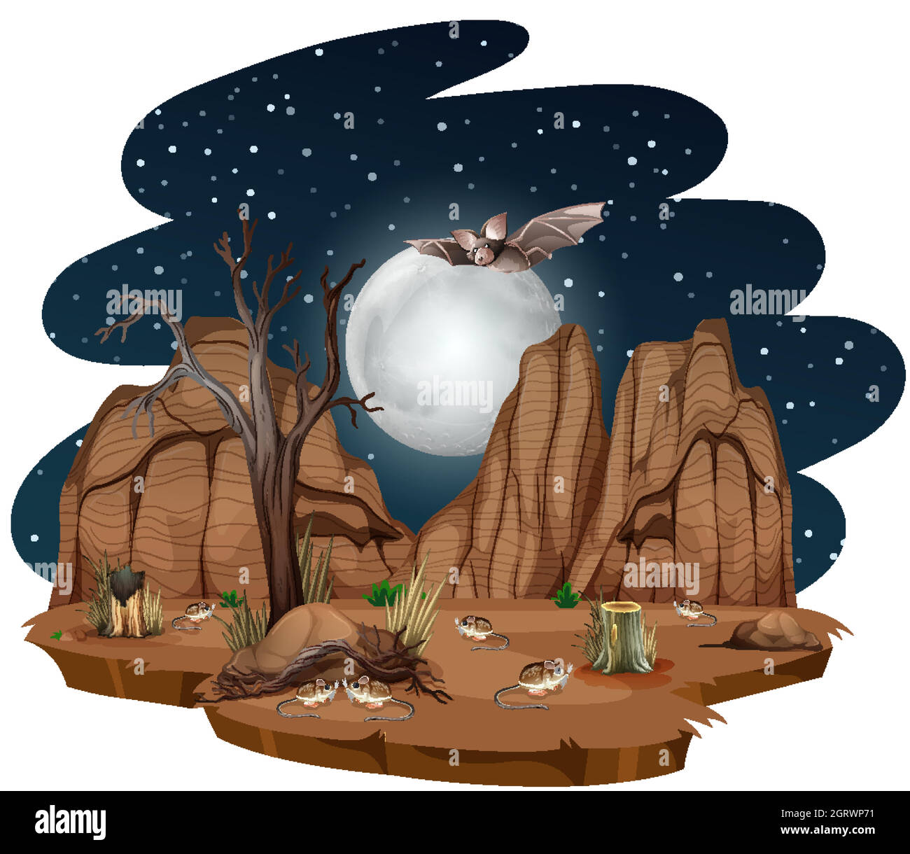 Wild desert with desert animal at night on white background Stock ...