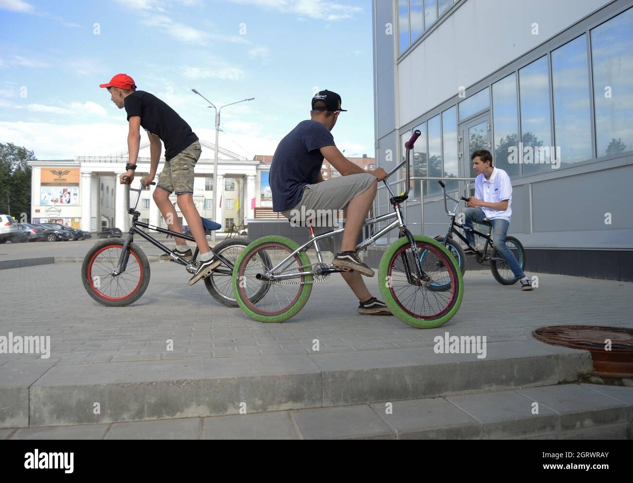 Kovrov, Russia. 15 July 2017. Teens on BMX bikes near the shopping center Kovrov Mall Stock ...