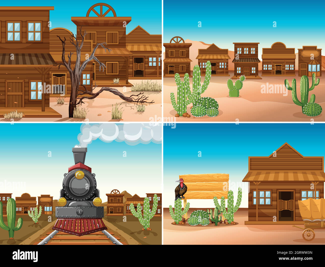 Four western scenes with buildings and train Stock Vector Image & Art ...