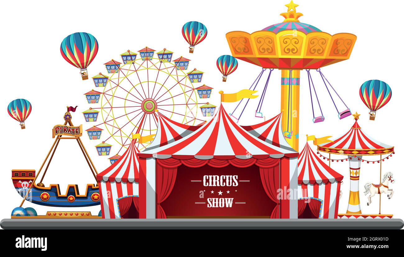Circus event with tents, ferris wheel, rides games, ticket booth pirate ...