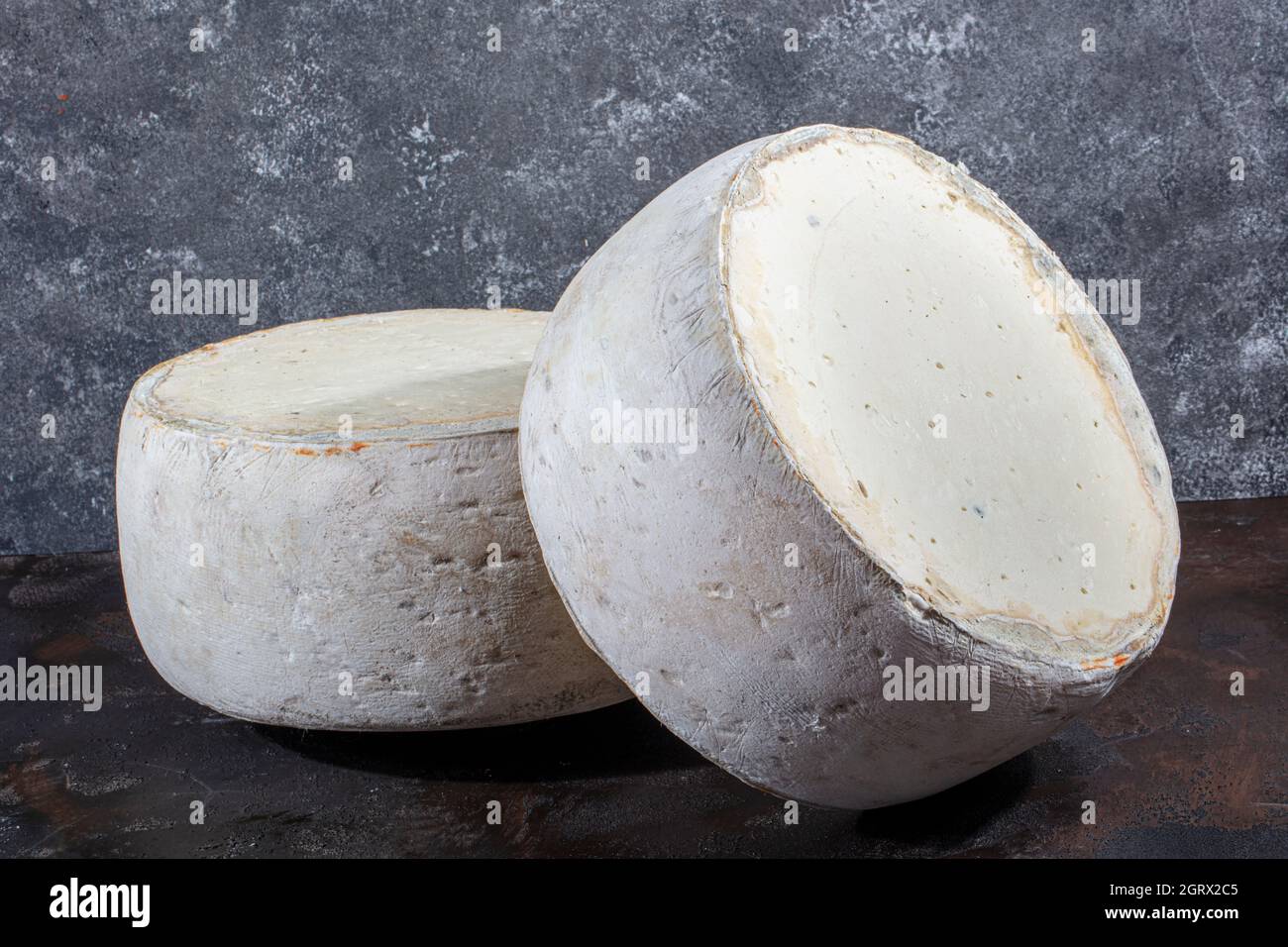 Old cheddar cheese. Wheel aged cheese. Aged cheddar cheese wheel on ...