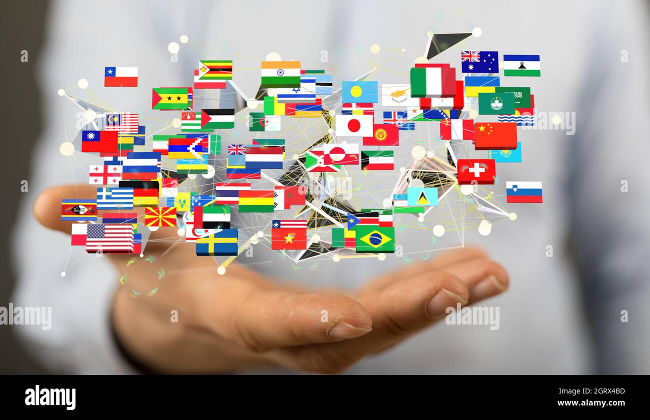 3D rendering of the world's flags and a male hand holding smartphone ...
