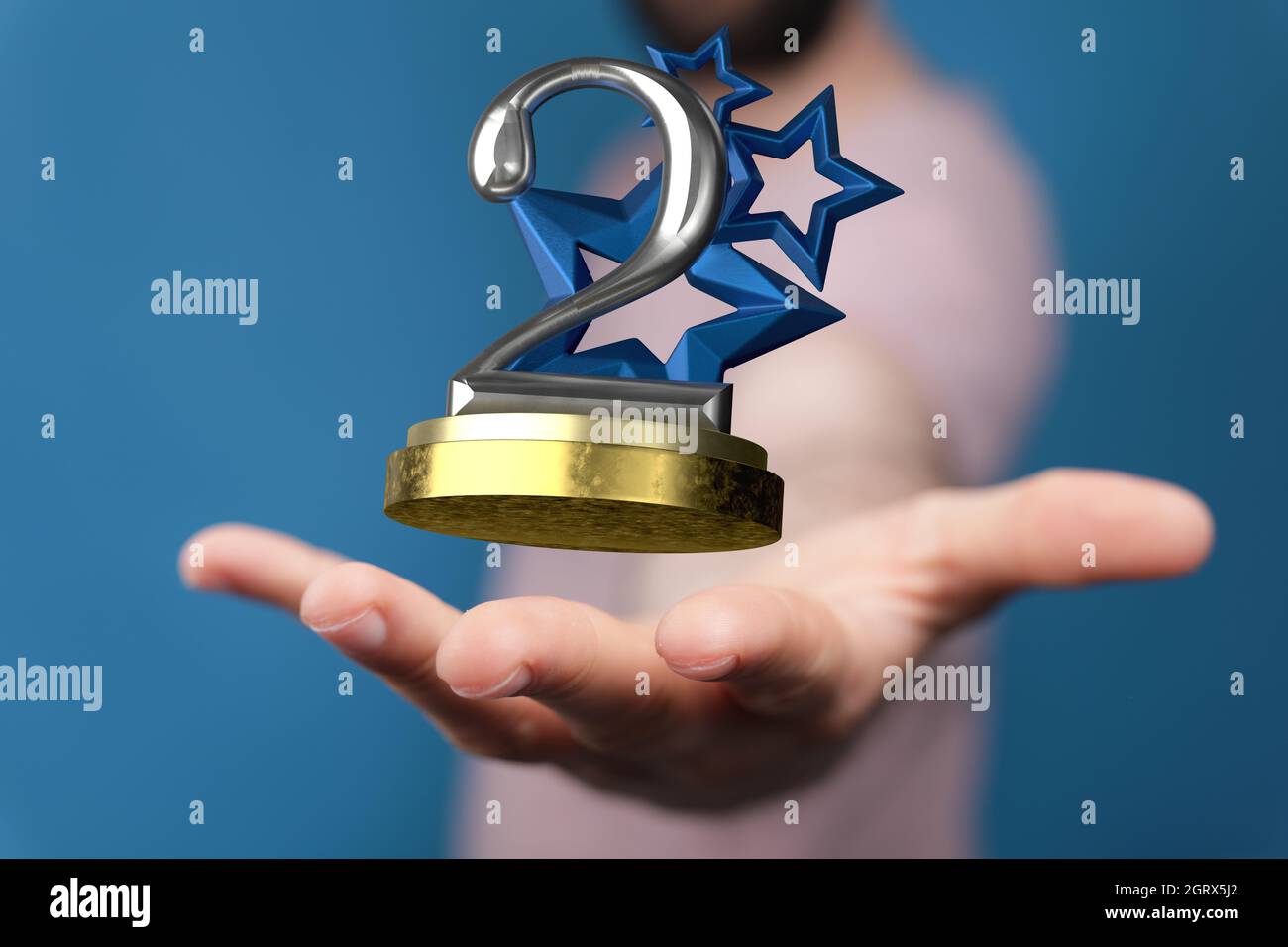 3D rendering of a second place golden award and male hand holding on a ...