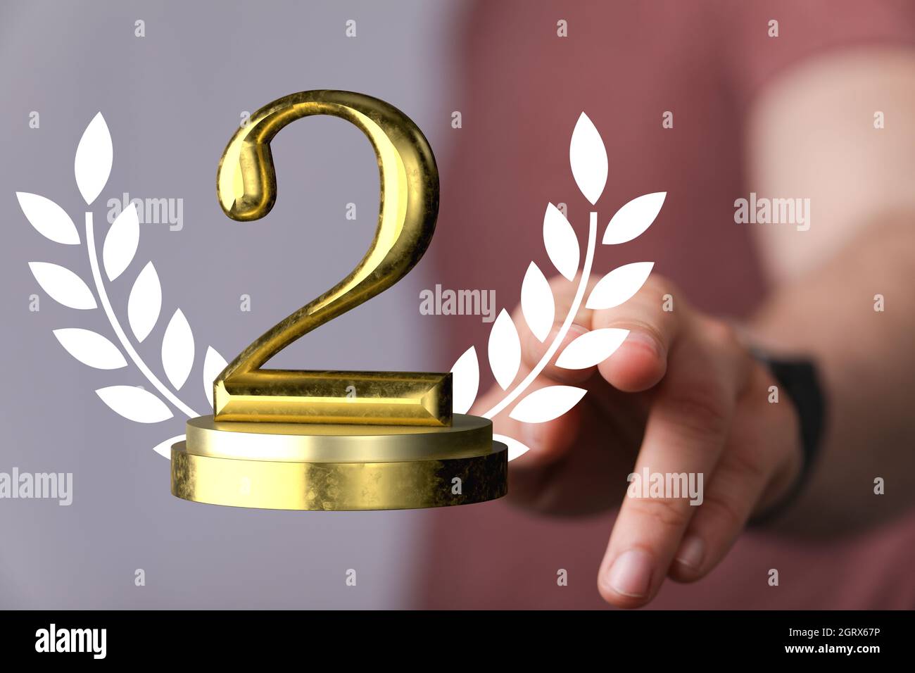 3D rendering of a second place golden award and male hand holding on a ...