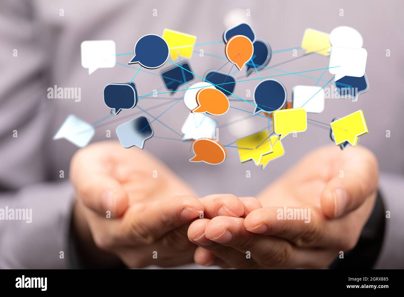 3D render of an email symbol and Network Communications with a blurry ...