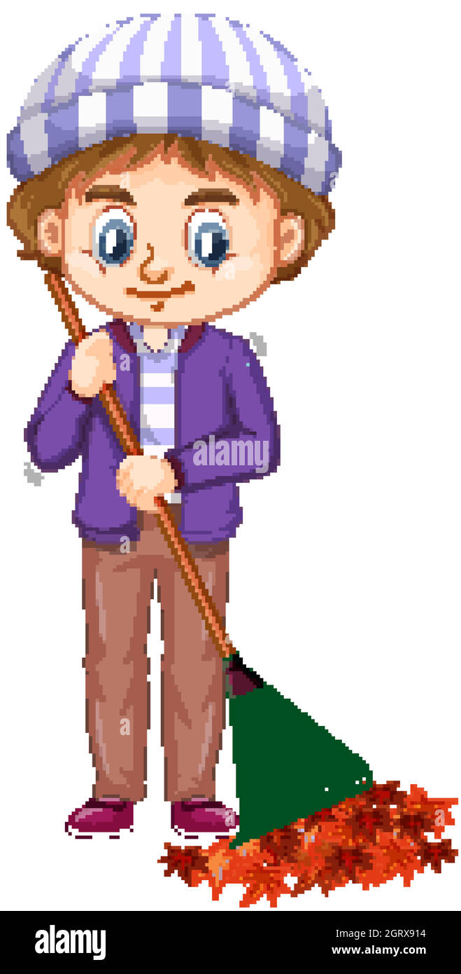 Boy raking leaves on white background Stock Vector Image & Art - Alamy