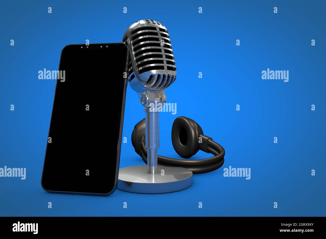 Microphone for radio and podcast with a blue background, 3d ...