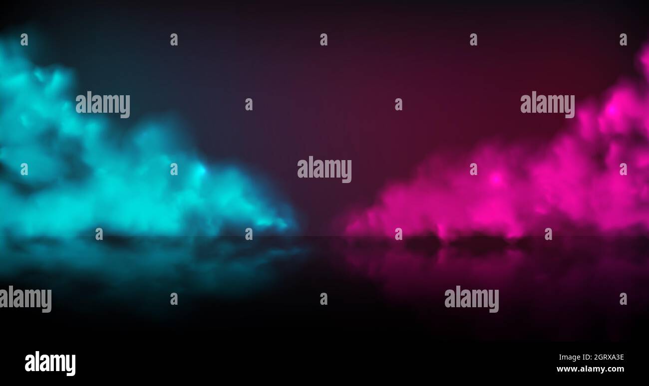 Smoke stage vector background. Abstract blue and red fog with shadow ...
