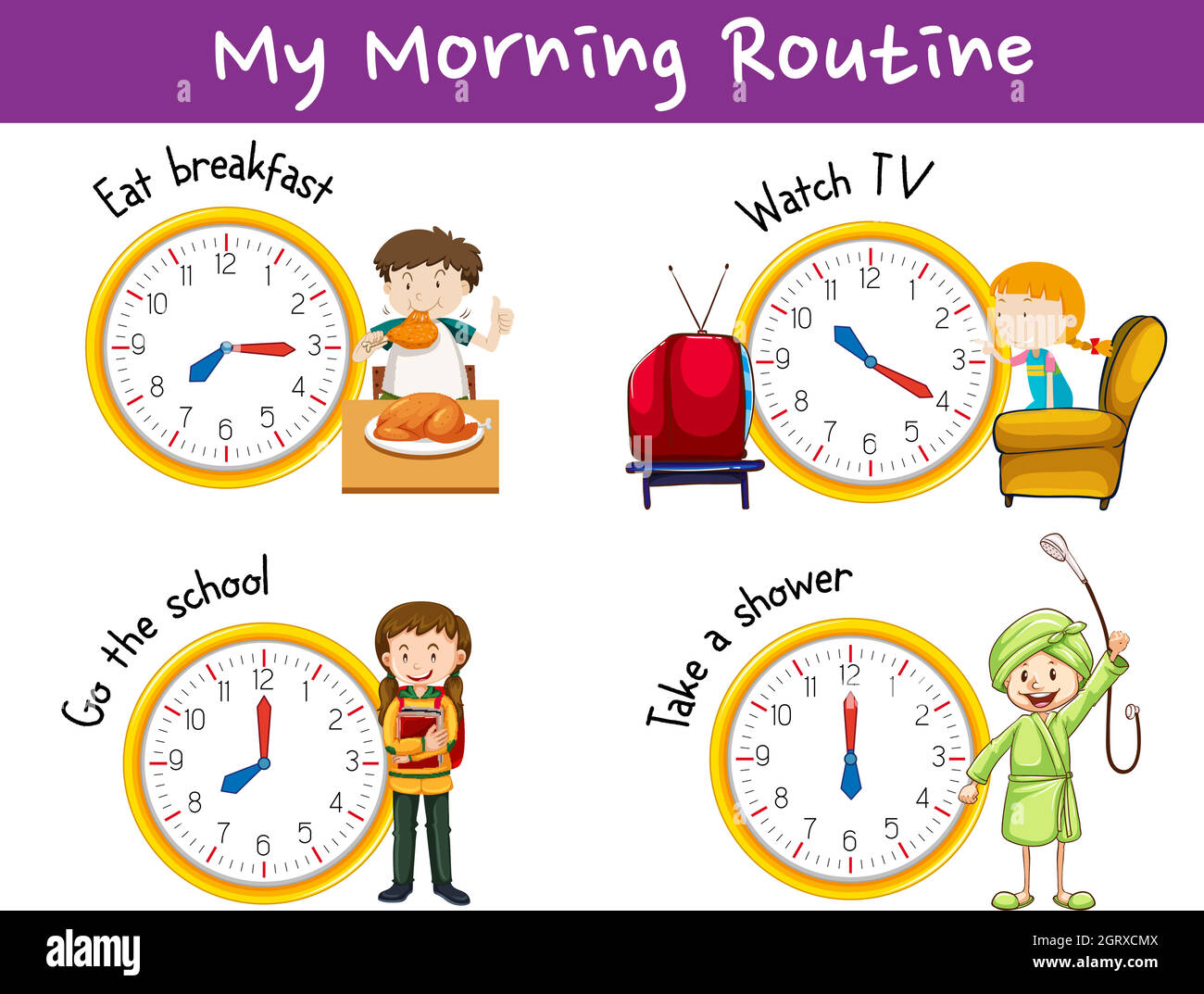 Morning routines for children with clock and activities Stock Vector ...