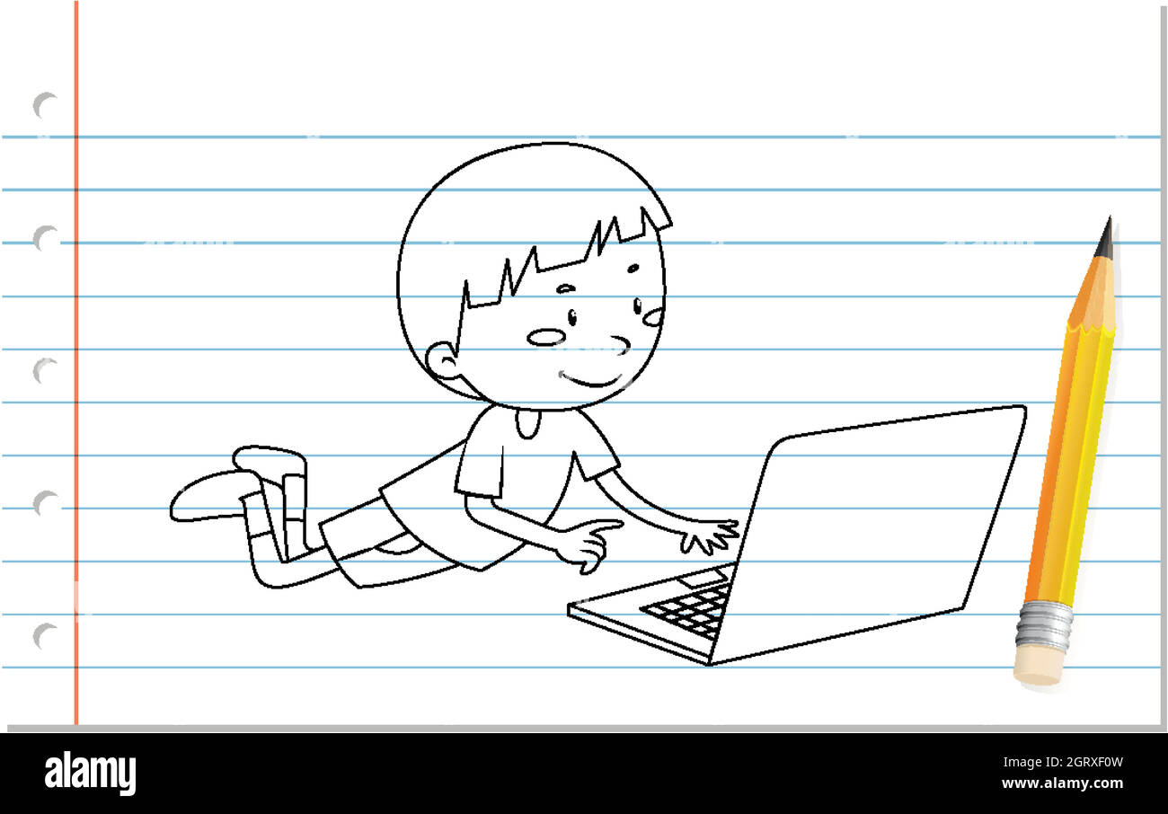 Hand writing of boy searching on laptop outline Stock Vector Image ...