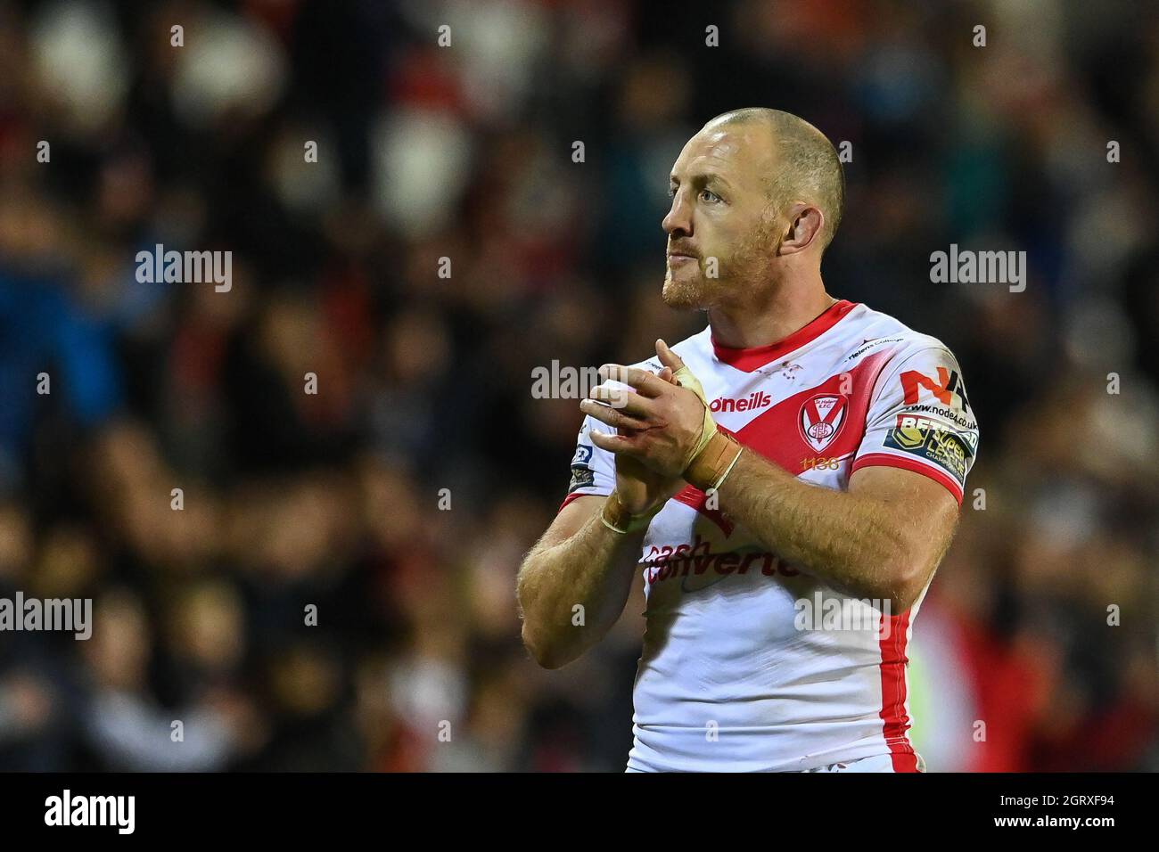 James Roby (9) of St Helens applauds the fans at the end of the game ...