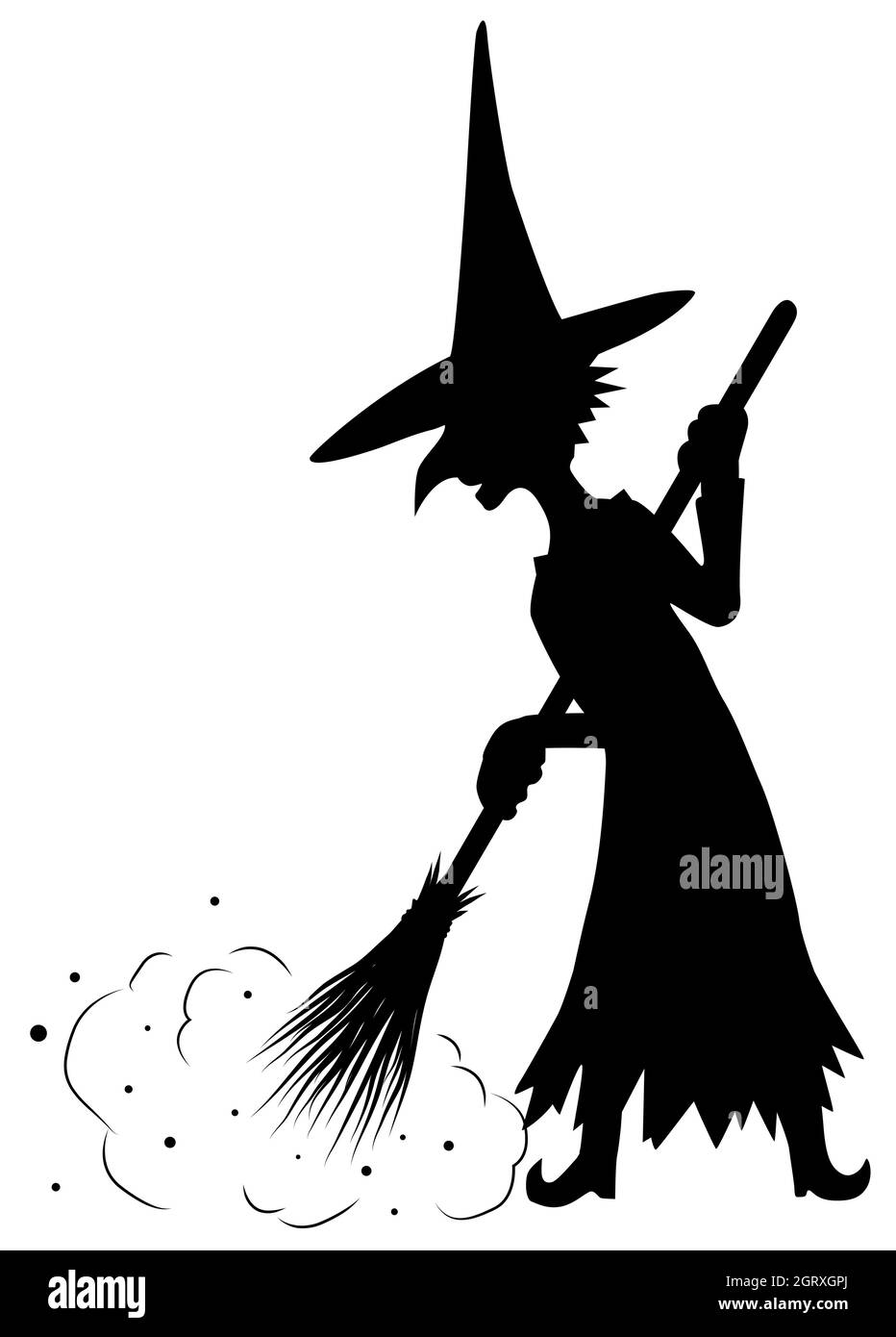 Old witch sweeping with broomstick figure silhouette stencil black ...
