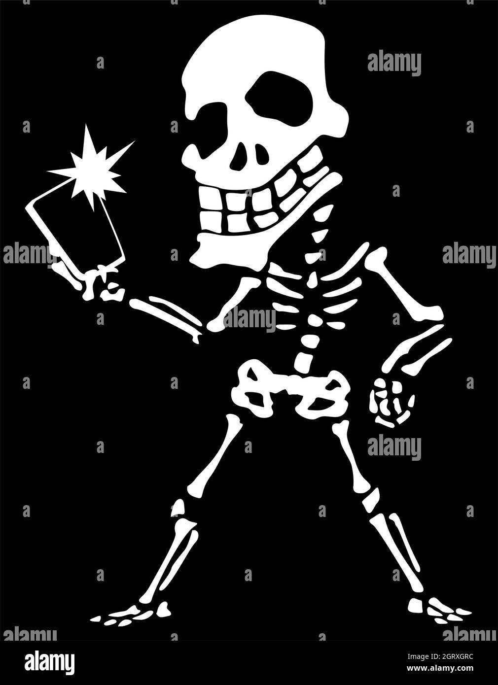 Skeleton taking selfie photograph, outline white, vector illustration ...