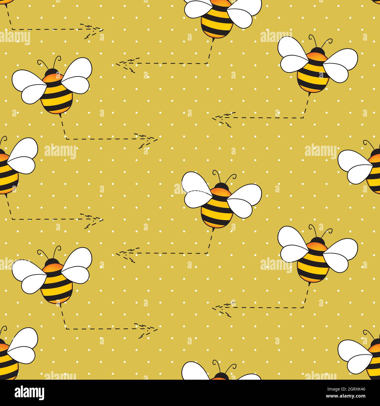 Seamless pattern with bees on color polka dots background. Small wasp ...