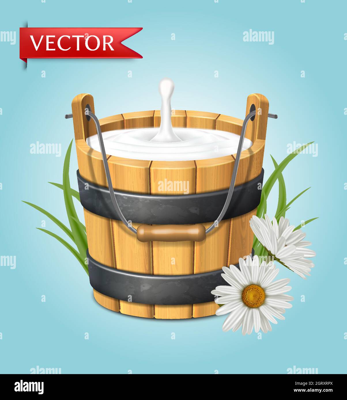 3d realistic vector icon. Wooden rustic bucket. Milk splash. Green ... 3d realistic vector icon. Wooden rustic bucket. Milk splash. Green ...