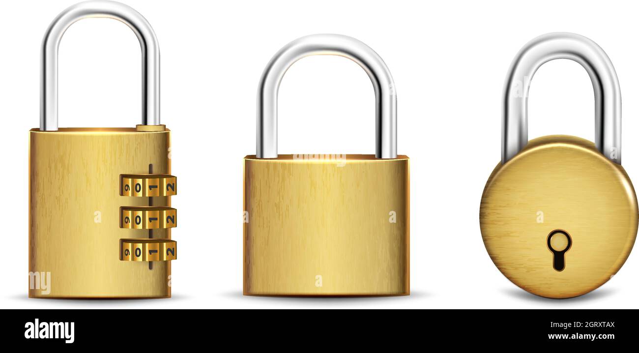 3d realistic vector set of round, square golden padlock open and closed ...