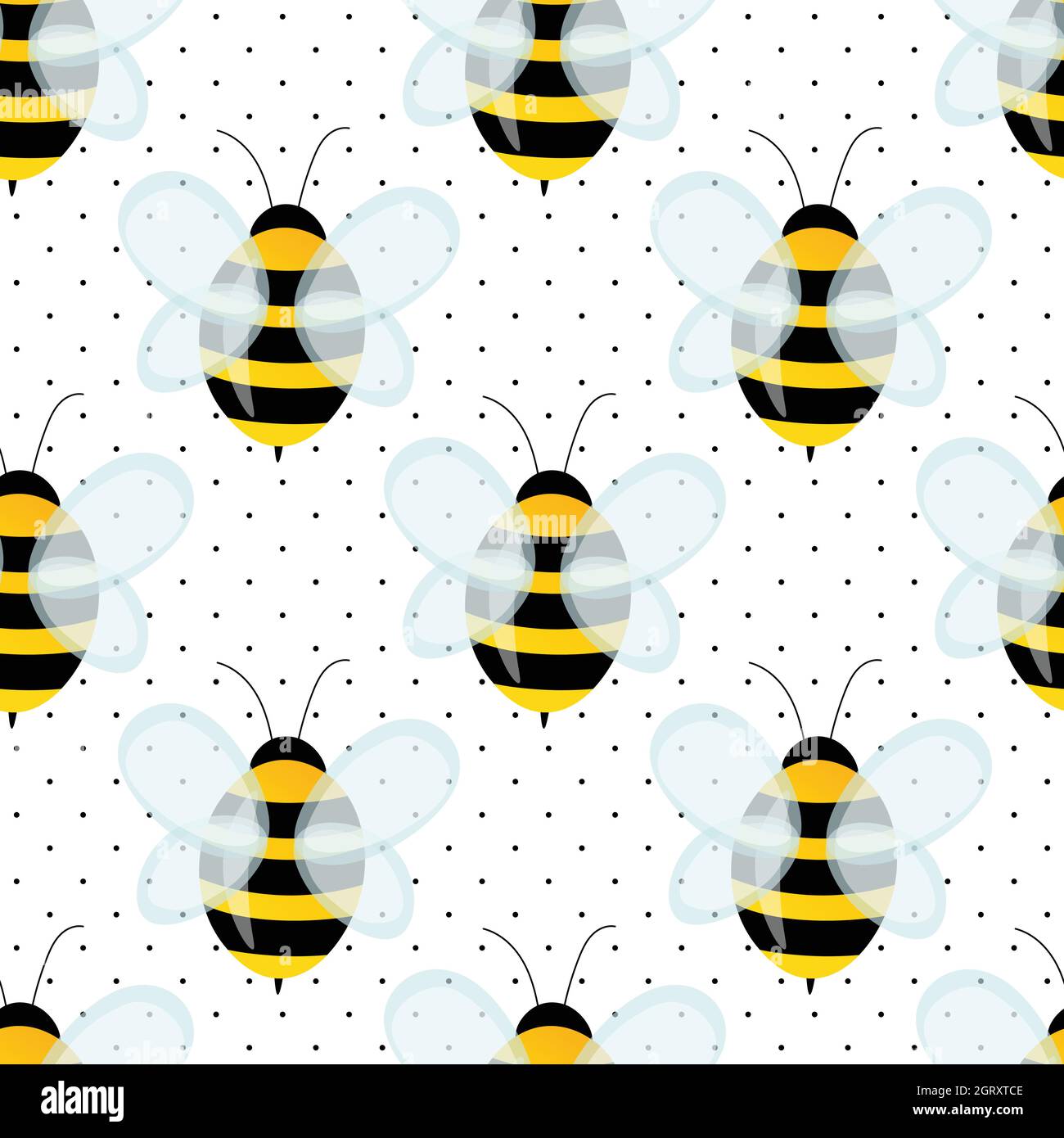 Seamless pattern with bees on white polka dots background. Small wasp ...