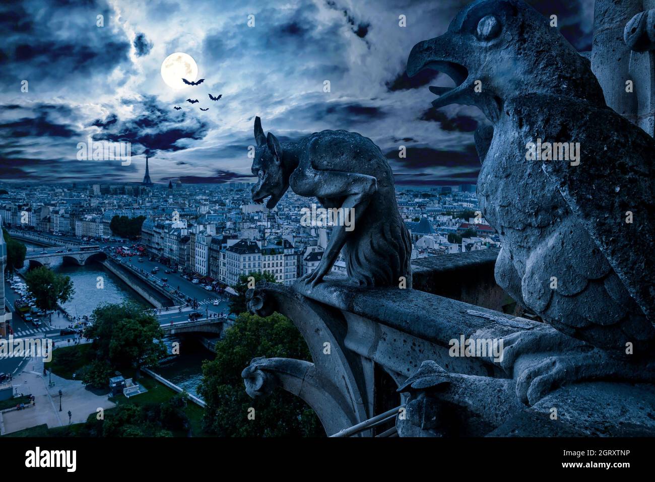 Gargoyle of Notre Dame de Paris on Halloween, France. Fantasy view of ...