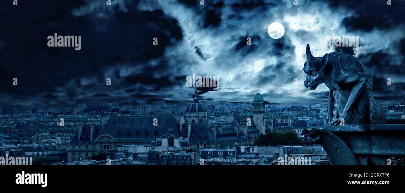 Gargoyle of Notre Dame de Paris on Halloween, France. Fantasy panoramic ...