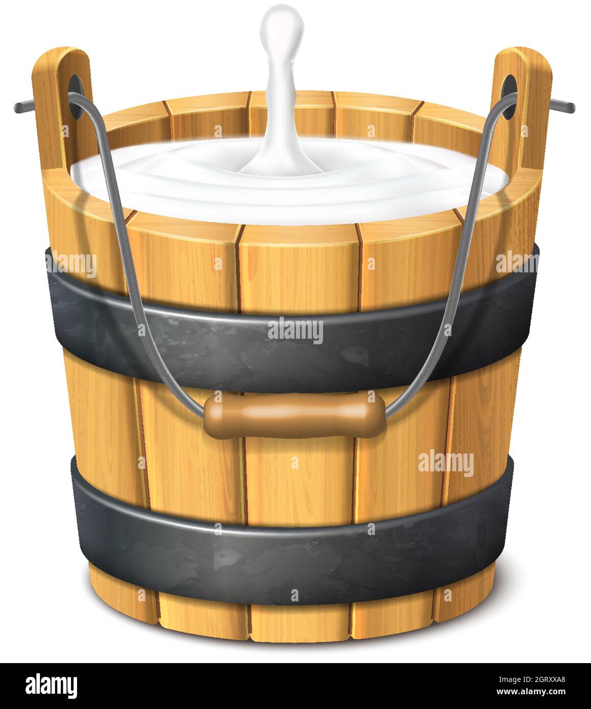 3d realistic vector icon. Wooden rustic bucket. Milk. Natural yogurt ...
