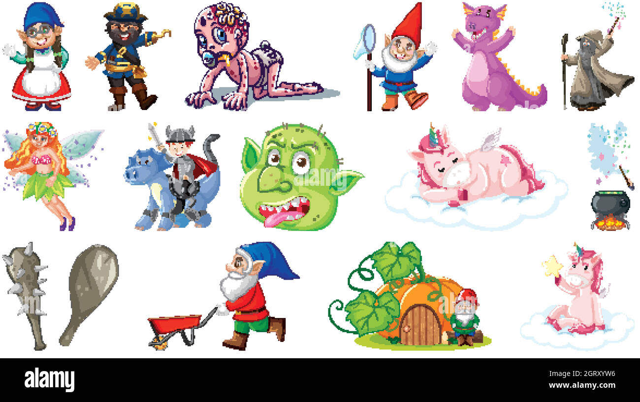 Set of fantasy cartoon characters and fantasy theme isolated on white ...