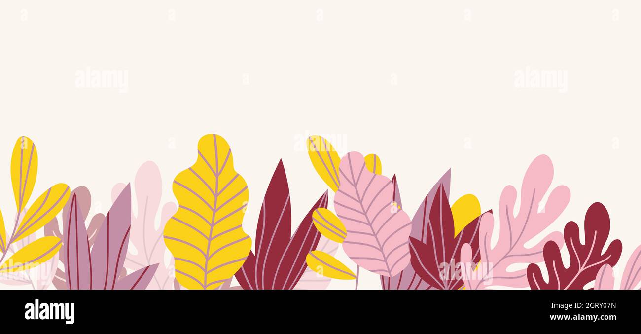 Floral web banner with drawn color exotic leaves. Nature concept design ...
