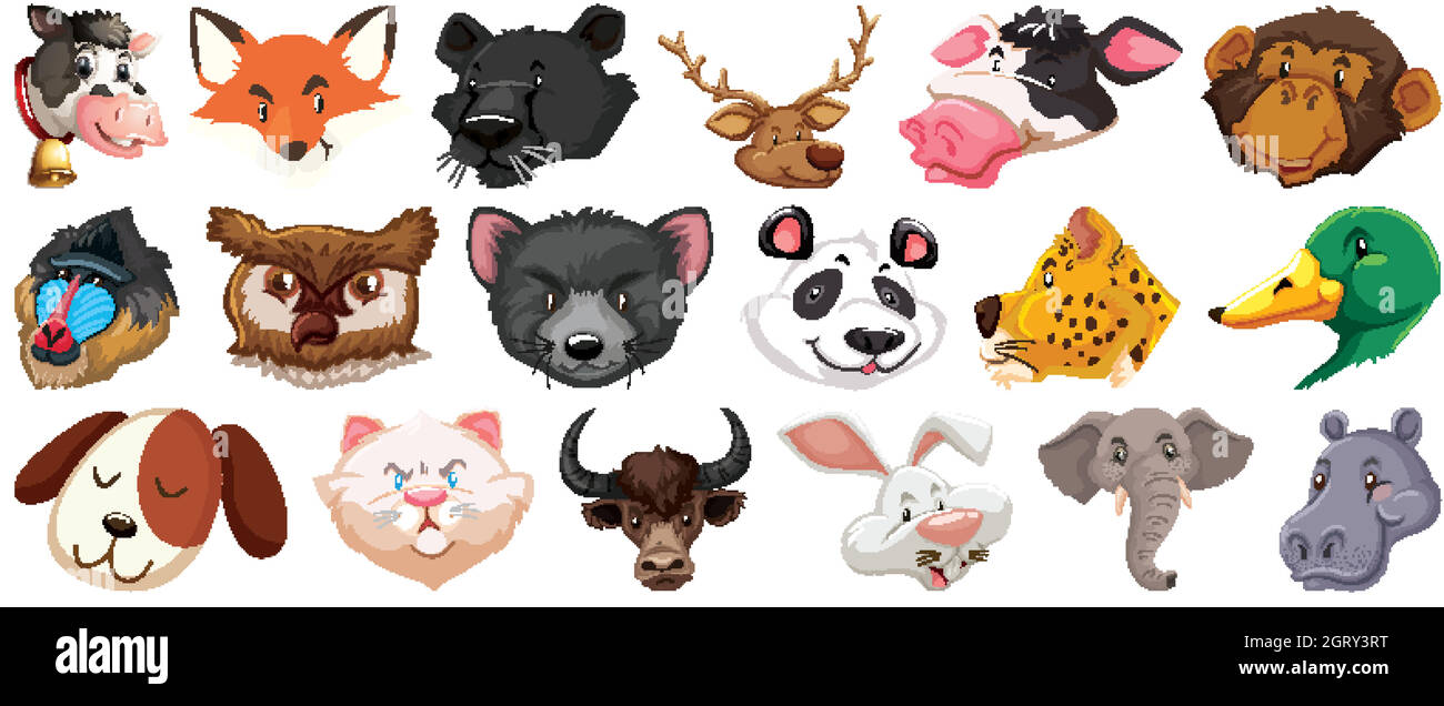 Set of different cute cartoon animals head huge isolated on white ...