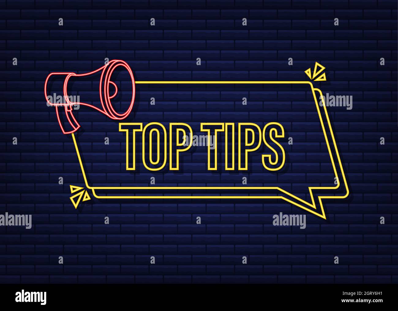 Megaphone banner - Top tips. Neon icon. Vector illustration Stock ...