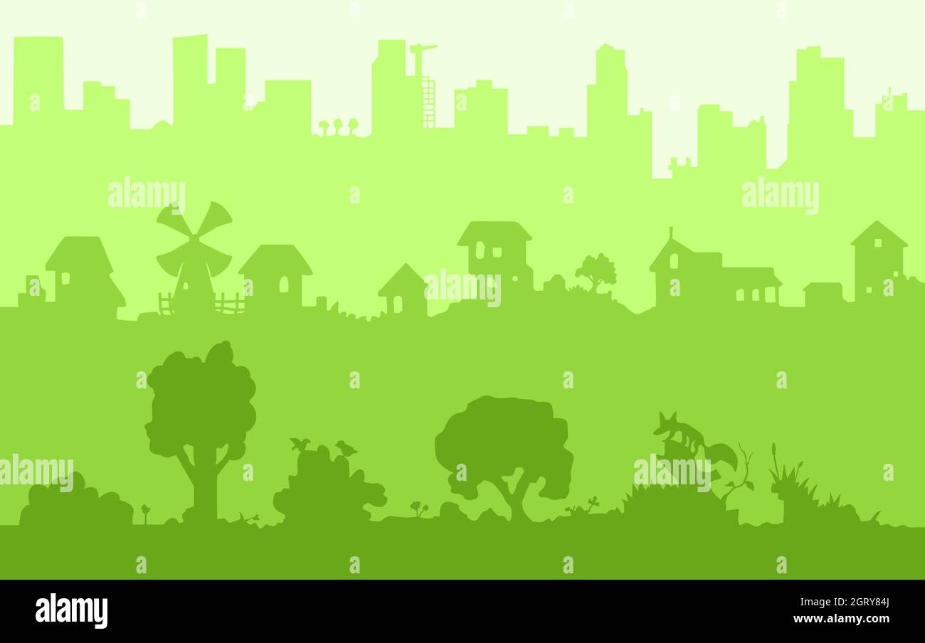 Nature village city outlines green background cartoon color vector ...
