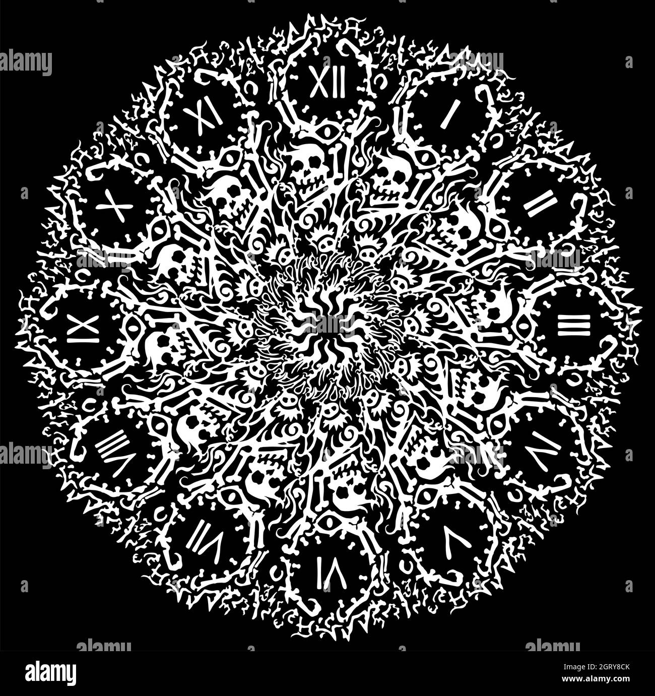 Clock face, skeleton bones abstract design decorative pattern white ...