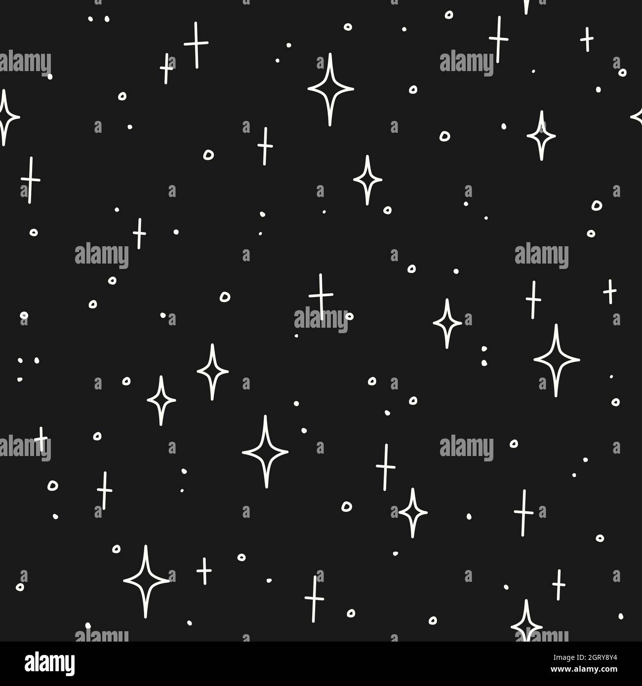Hand drawn stars and dots on a black background. Vector seamless ...