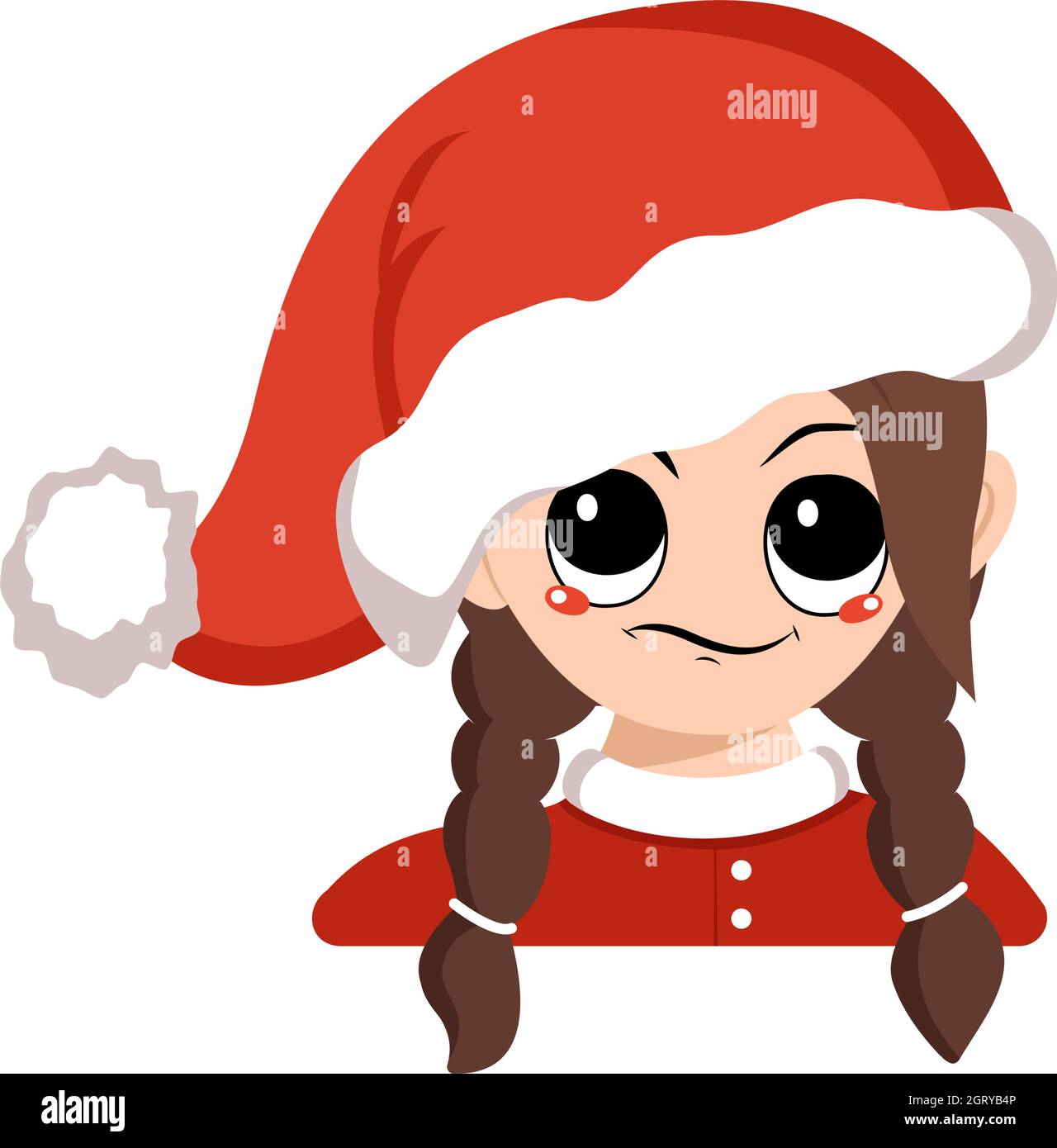 Girl with emotions of suspicious, displeased eyes in red Santa hat ...