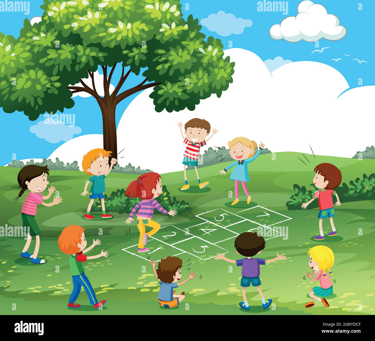 Happy children playing hopscotch in park Stock Vector Image & Art - Alamy