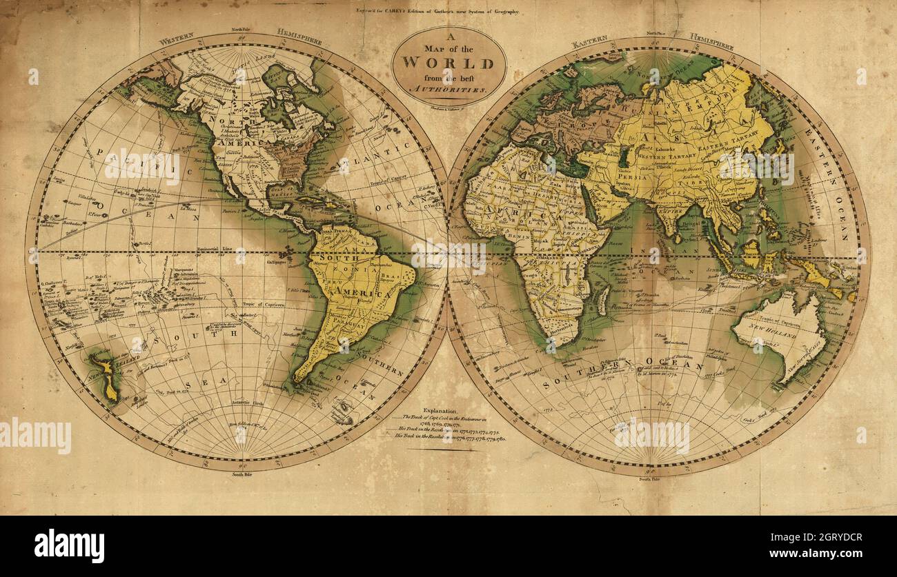 Vintage World Map, 1795 - Two hemisphere map. Map of the World from the ...