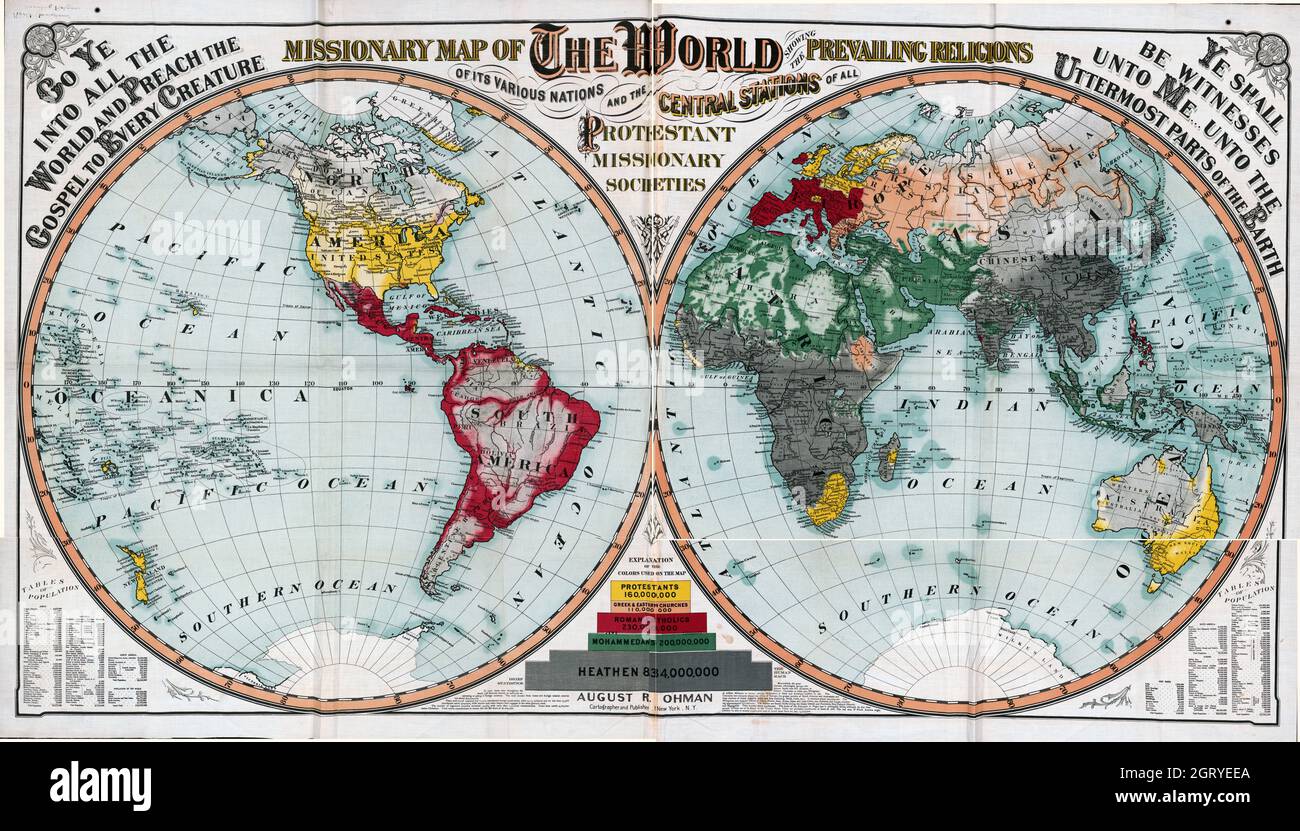 Vintage World Map - Two hemisphere map of the World. Missionary map of ...
