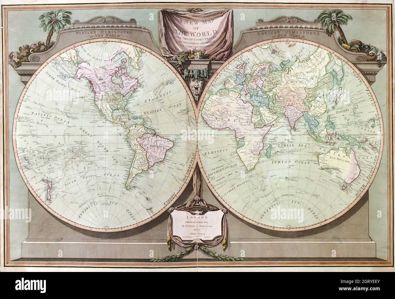 Vintage World Map by Robert Laurie and James Whittle. Two hemisphere ...