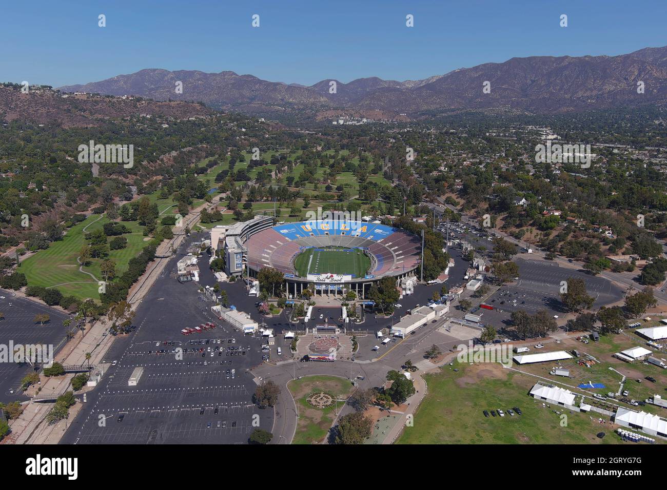 An aerial view of the Rose Bowl stadium with the San Gabriel Mountains ...