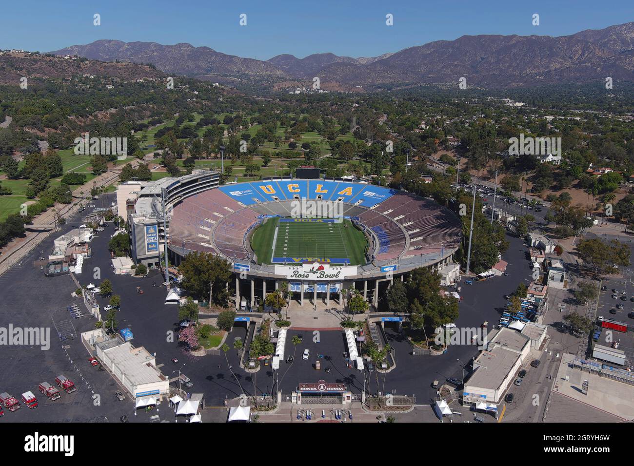 An aerial view of the Rose Bowl stadium with the San Gabriel Mountains ...