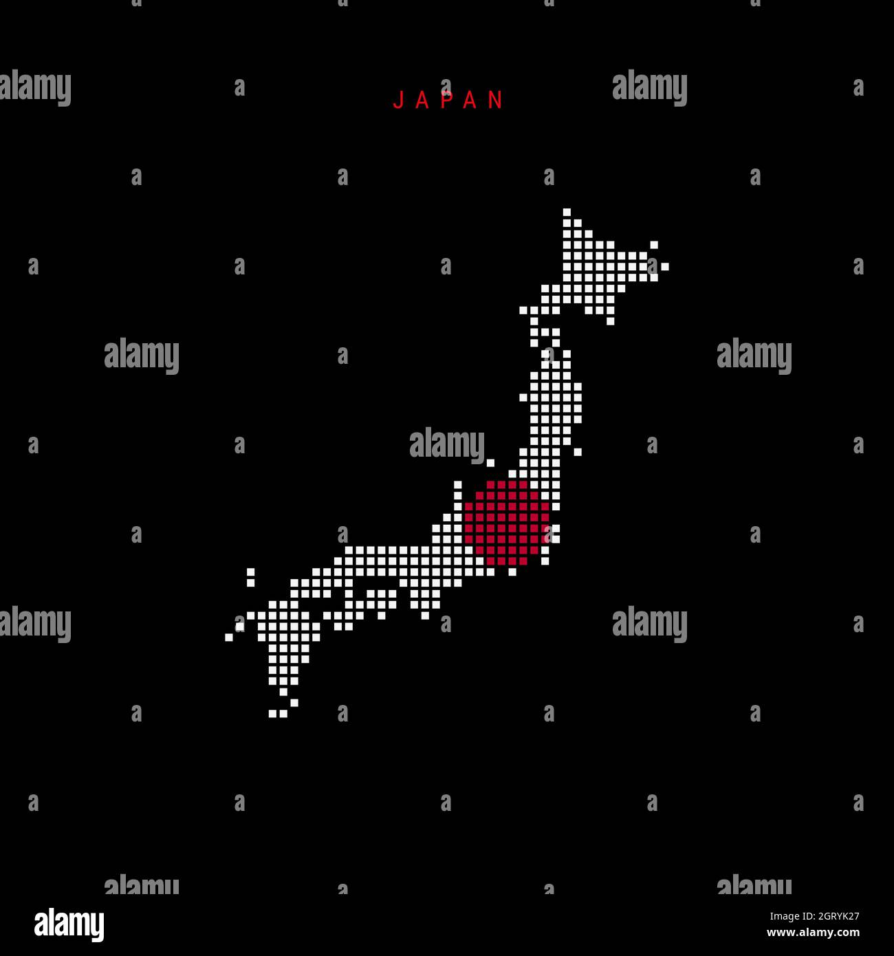 Square dots pattern map of Japan. Dotted pixel map with national flag colors isolated on black ...