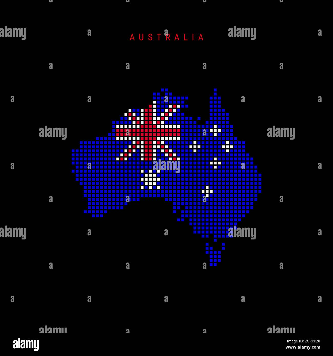 Square dots pattern map of Australia. Dotted pixel map with national flag colors isolated on ...