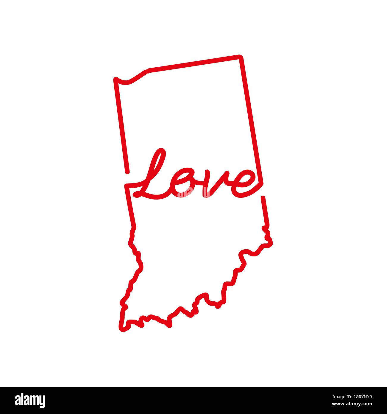 Indiana US state red outline map with the handwritten LOVE word ...